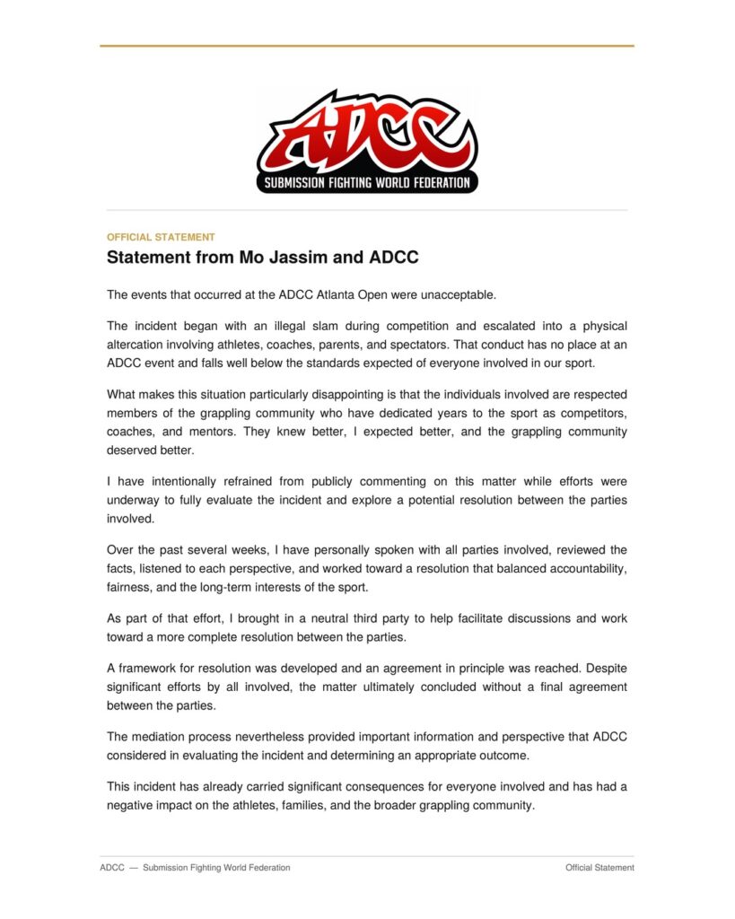 Mo Jassim Issues statement on ADCC Atlanta Incident, Suspends Participants